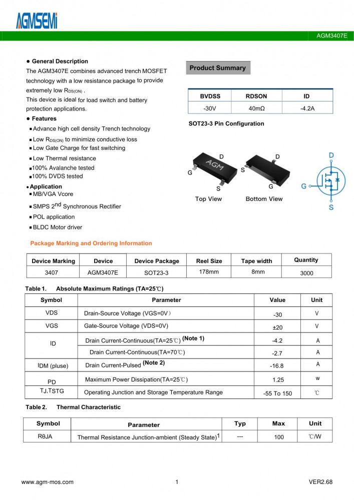 AGM3407E datasheet page 1