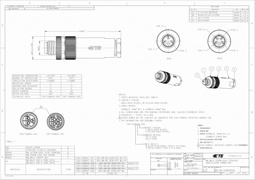 TE Connectivity T4011008041-000 technical drawing preview