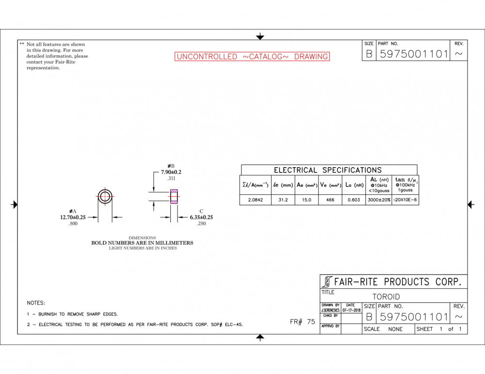 Fair-Rite 5975001101 technical document preview