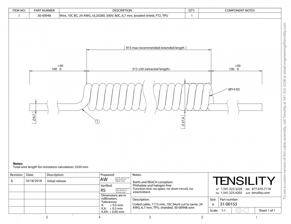 Tensility International 31-00153 cable assembly drawing