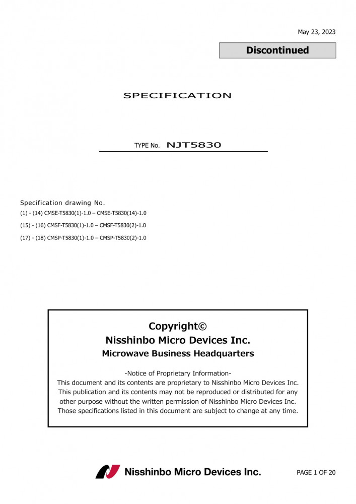 NJT5830 specification document page 1