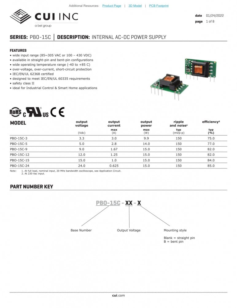 CUI PBO-15C-24 datasheet page 1