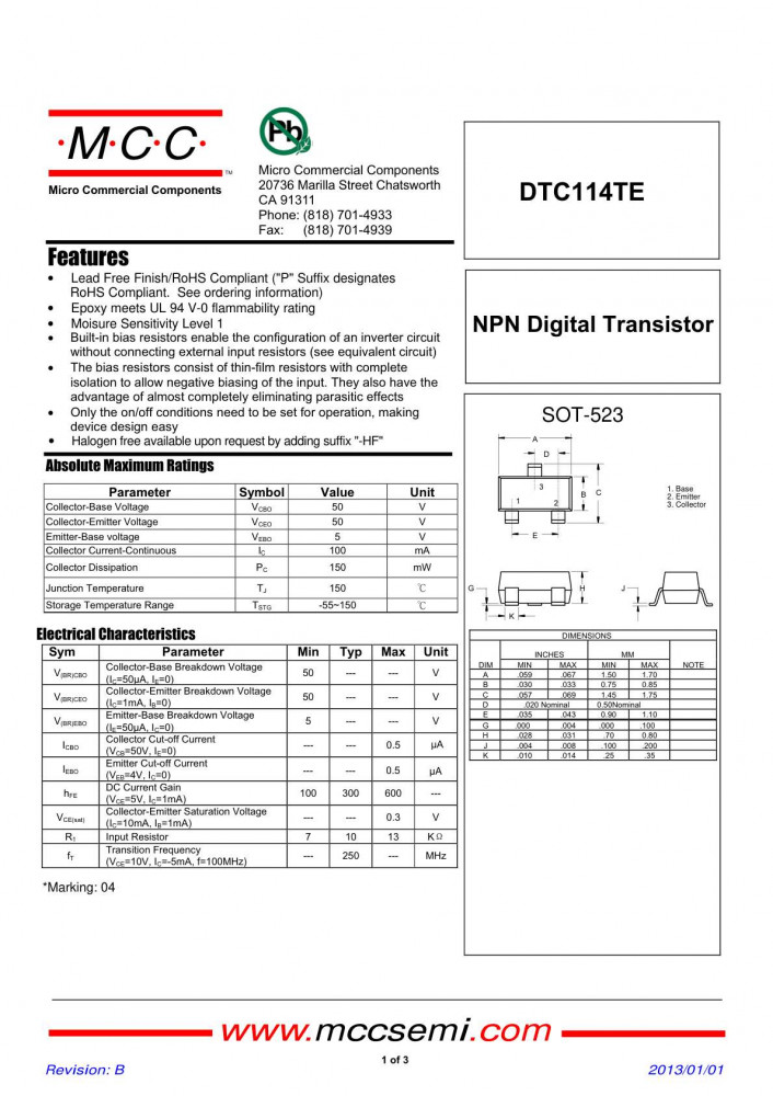 DTC114TE-TP MCC datasheet page 1