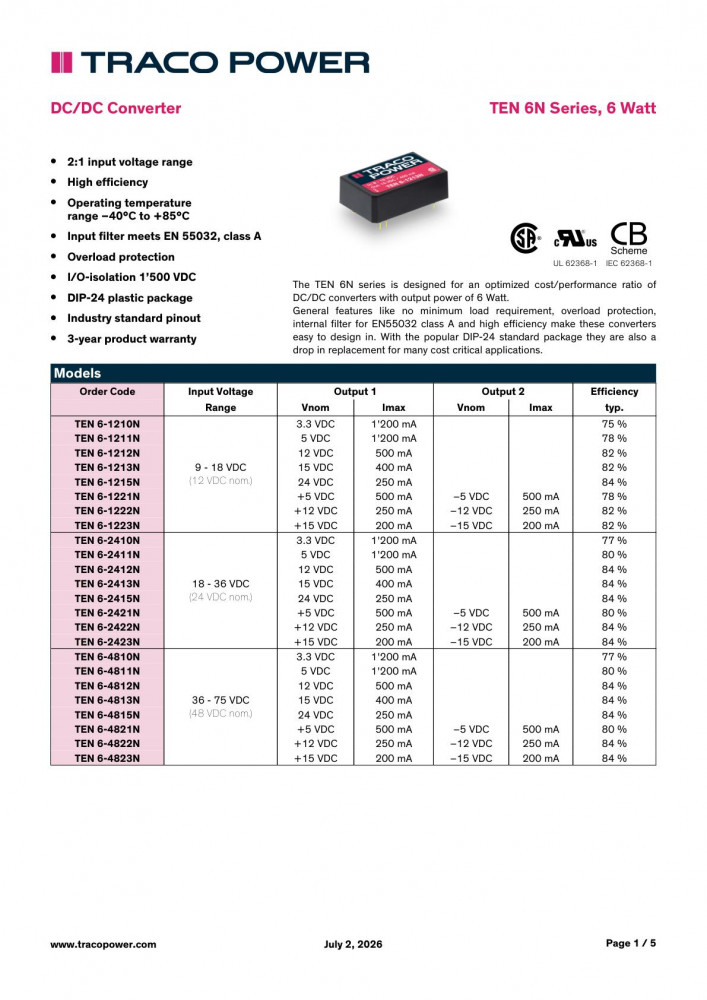 TEN 6N series technical document, page 1