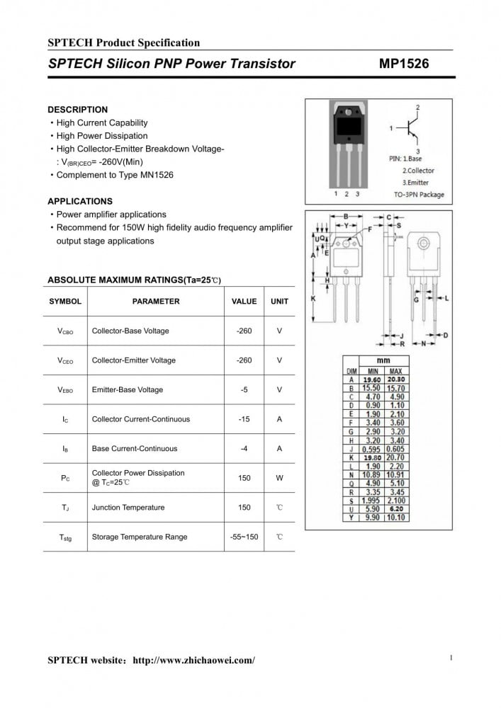 SPTECH MP1526 datasheet page 1