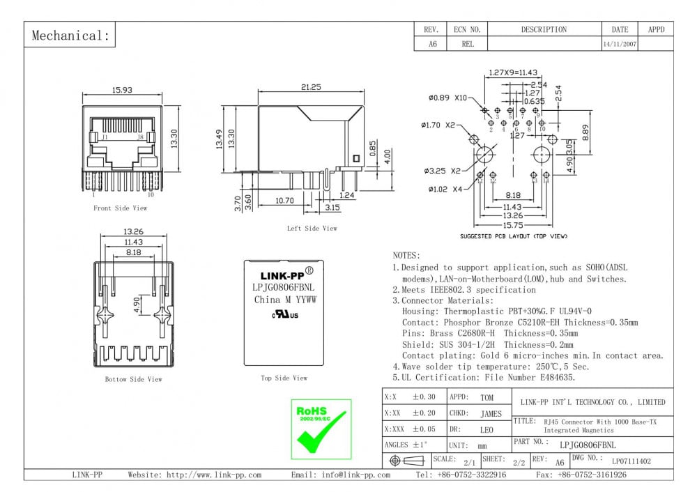 LPJG0806FBNL mechanical drawing and materials