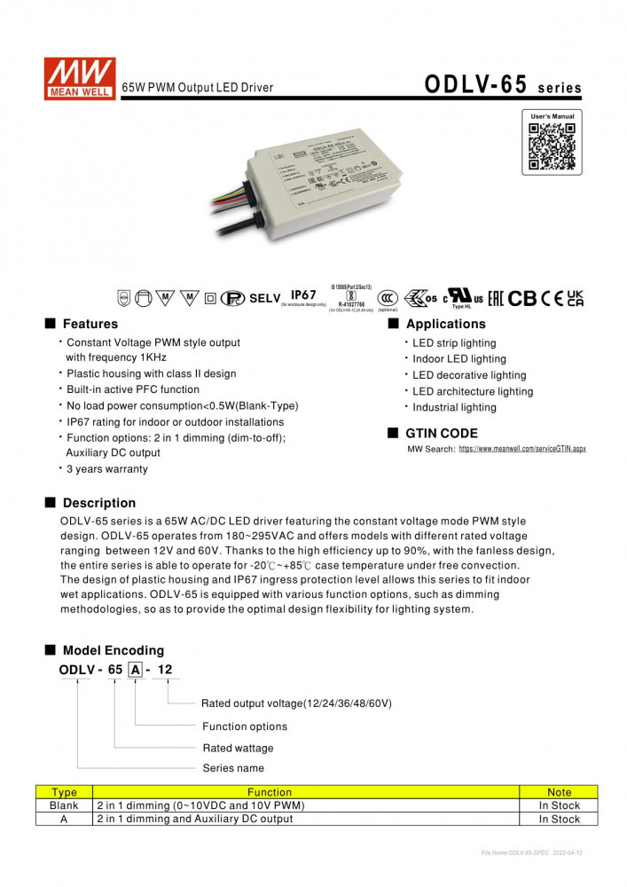 MEAN WELL ODLV-65-36 datasheet page 1