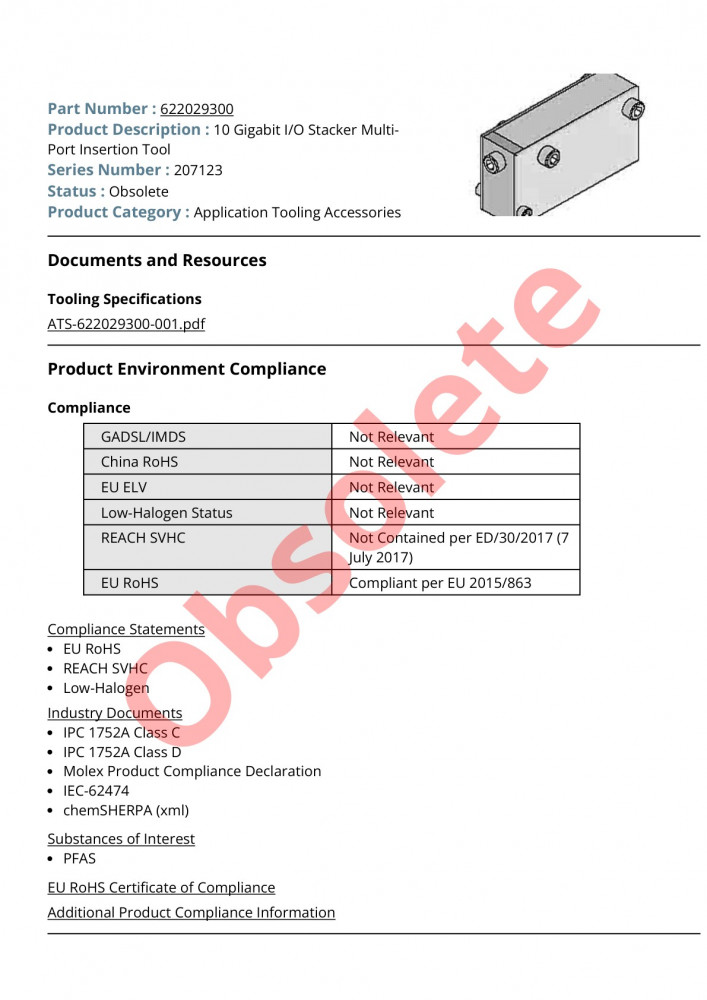Tooling documentation page 1 for MOLEX 622029300