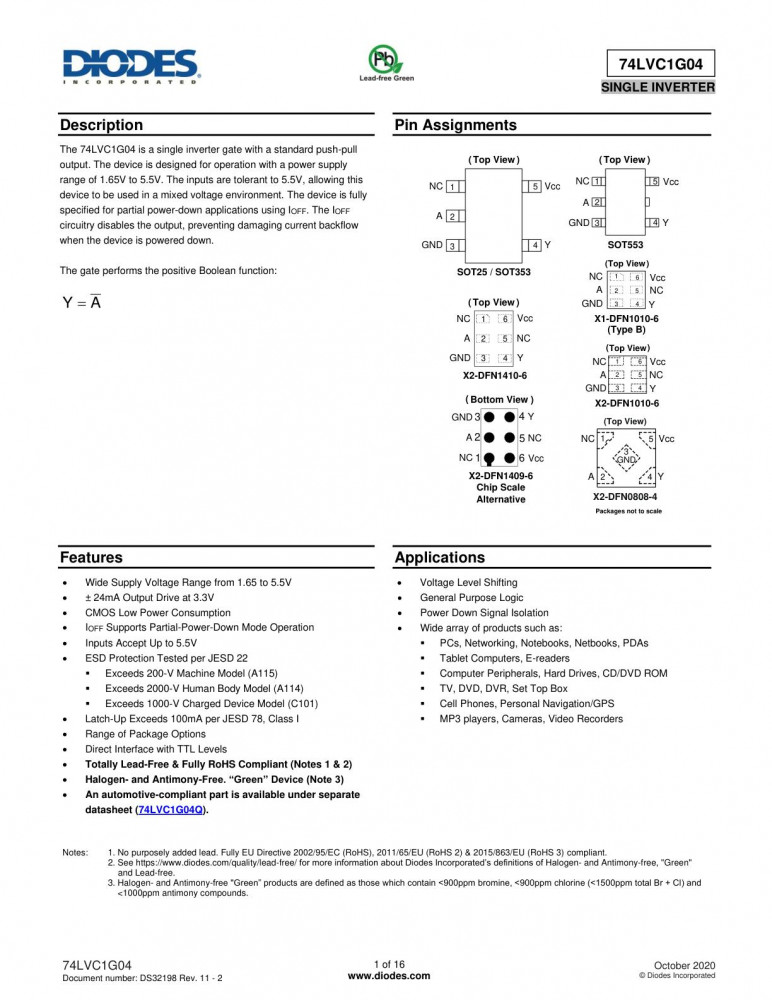74LVC1G04W5-7 datasheet page 1