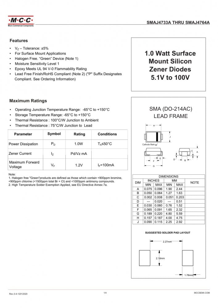 MCC SMAJ4740A-TP datasheet page 1