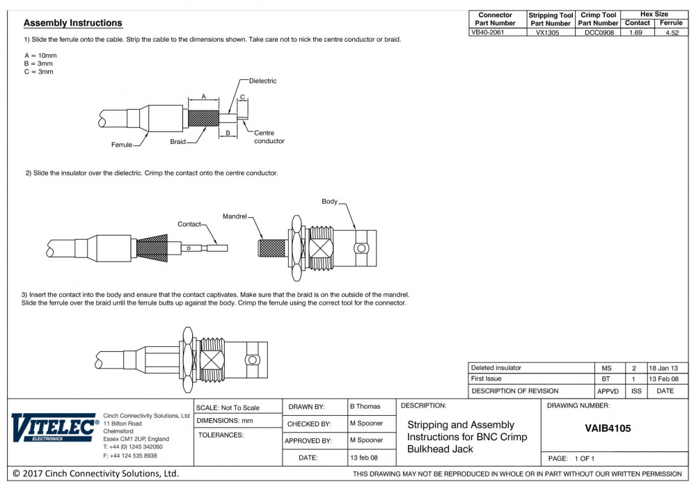 CINCH VB40-2061 BNC crimp bulkhead jack assembly instructions