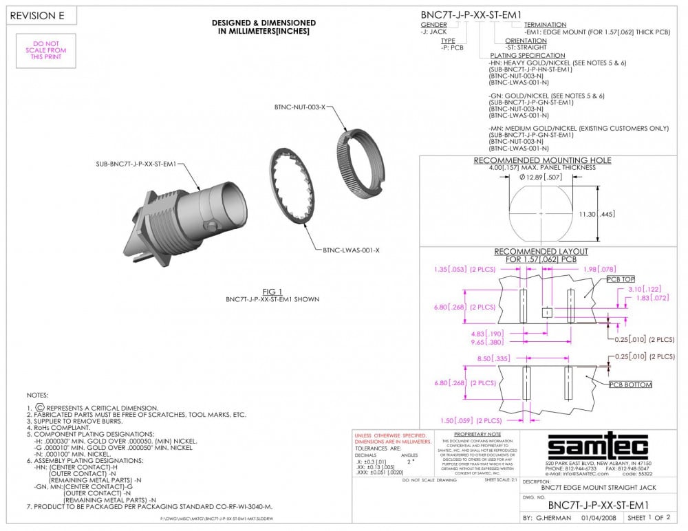 Samtec BNC7T edge-mount straight jack drawing page 1