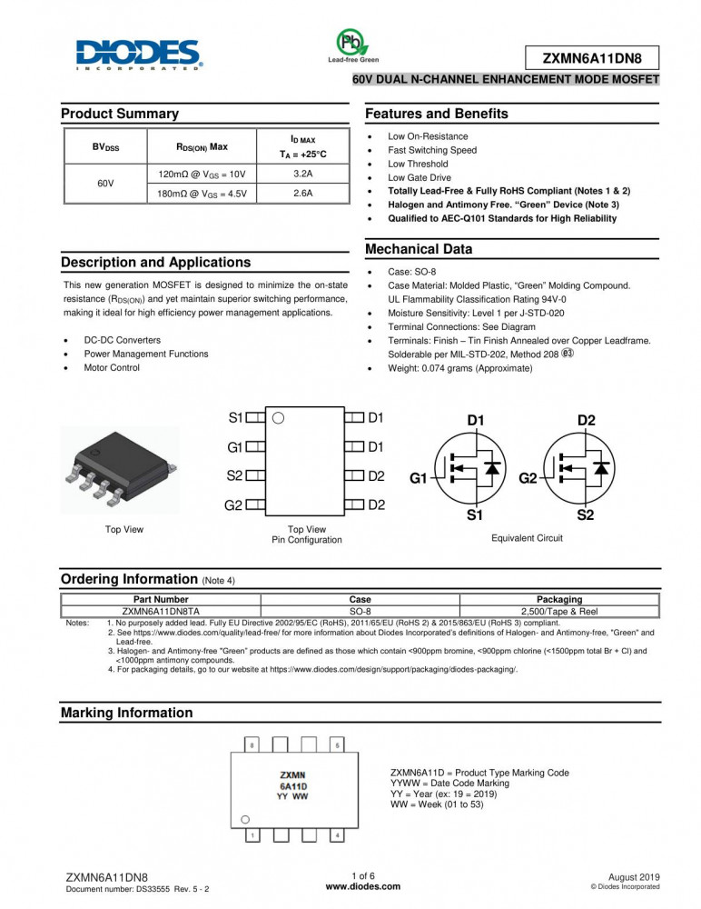 ZXMN6A11DN8TA datasheet page 1