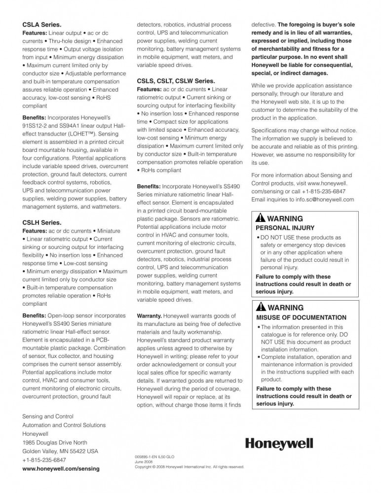 Honeywell current sensor document page 6