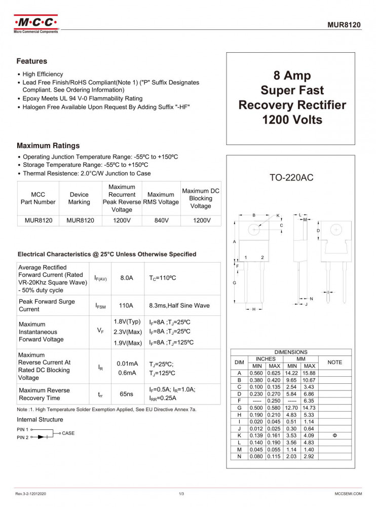MUR8120-BP datasheet page 1