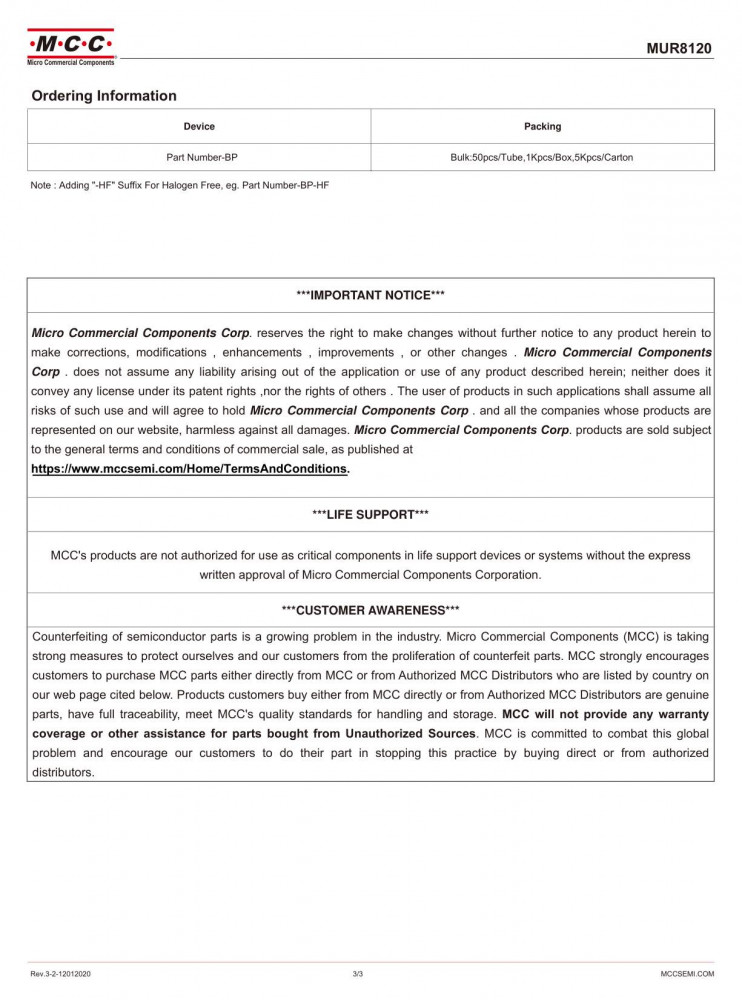MUR8120-BP datasheet page 3