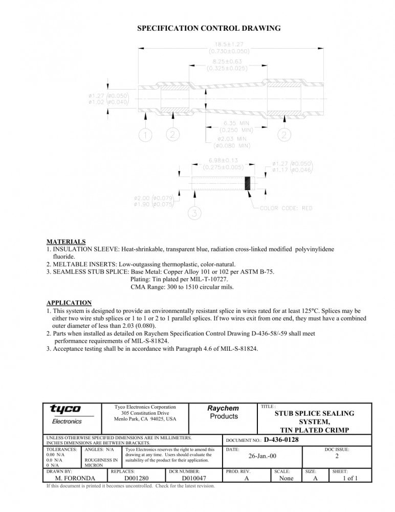 TE Connectivity Raychem D-436-0128 technical drawing