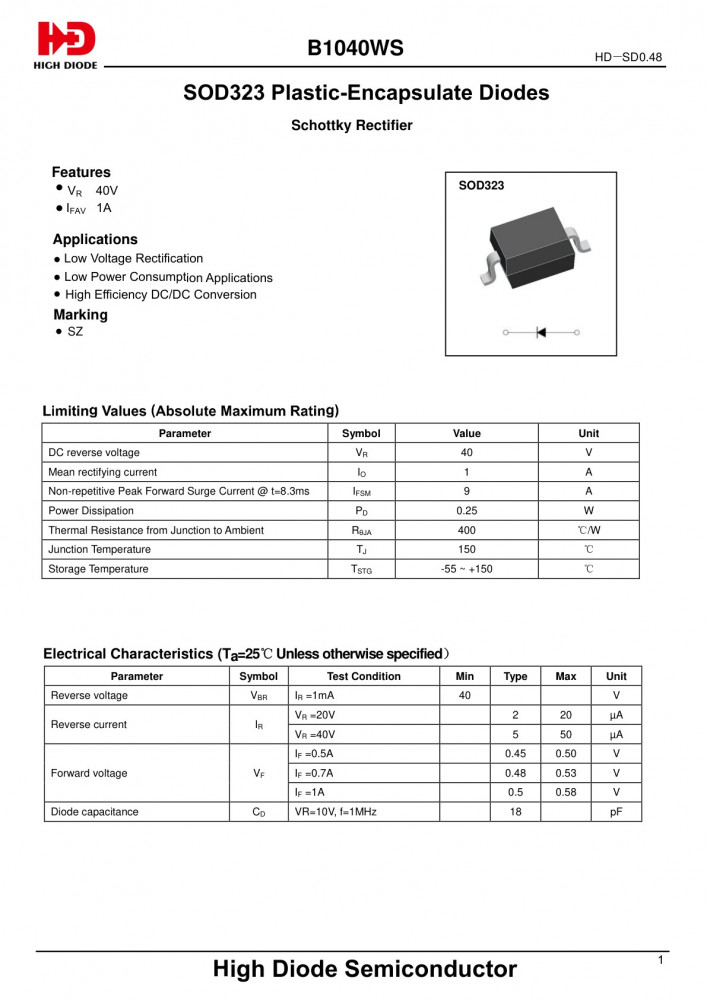 High Diode B1040WS datasheet page 1