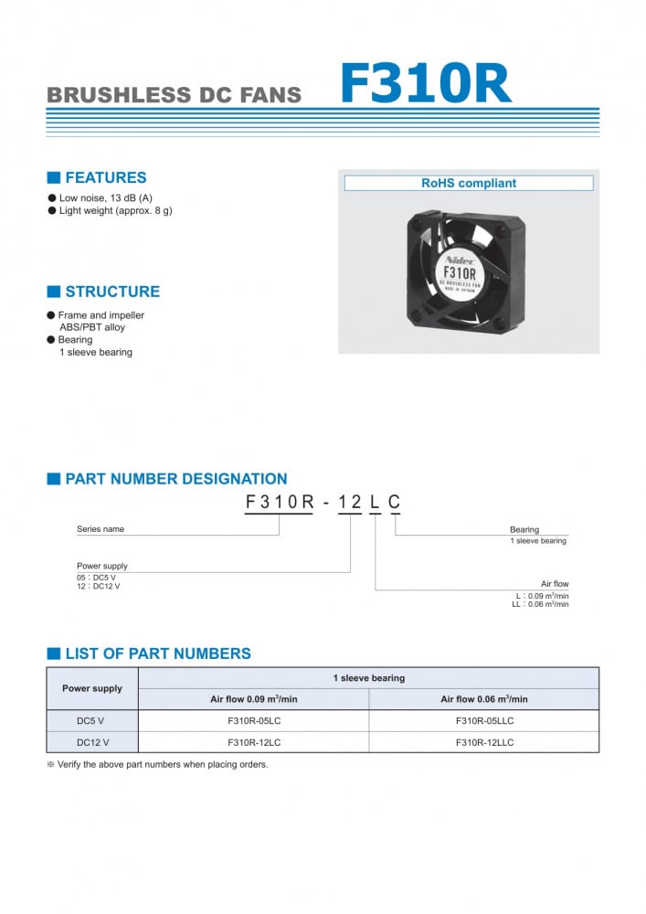 Nidec F310R-12LC technical specification page