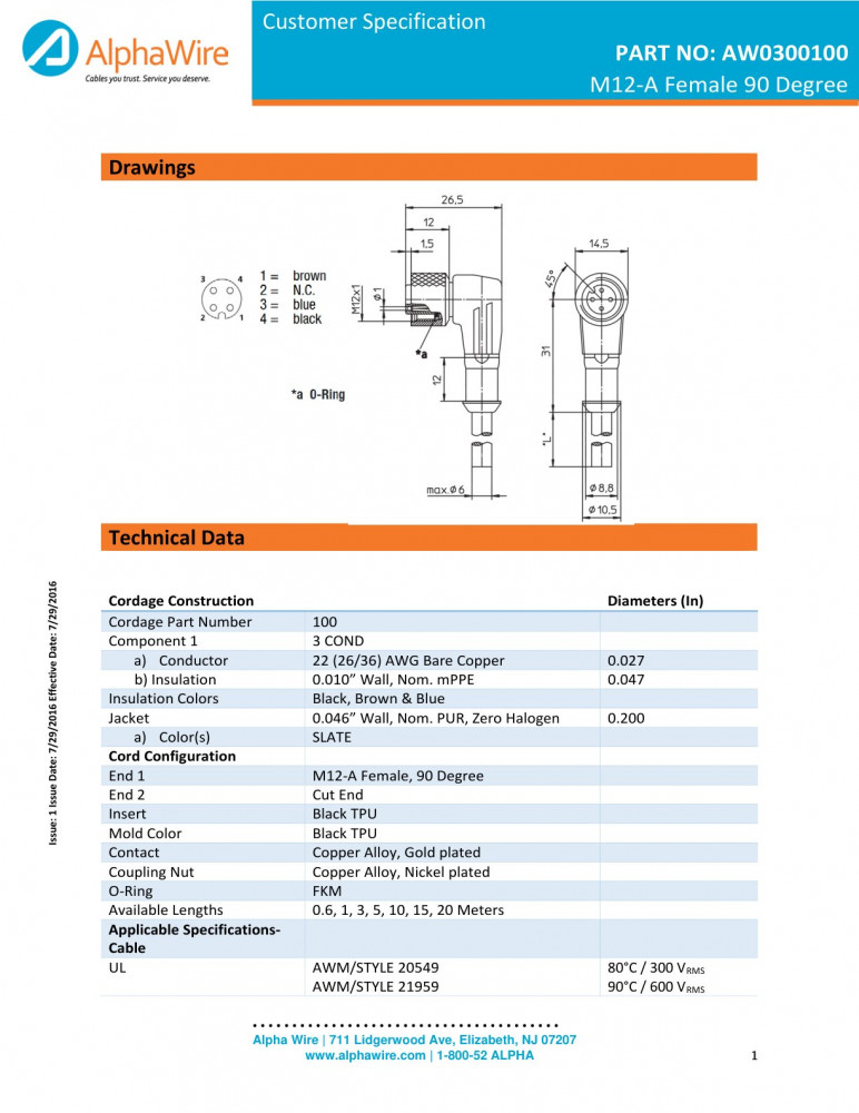 Alpha Wire AW0300100 SL359 technical document page 1