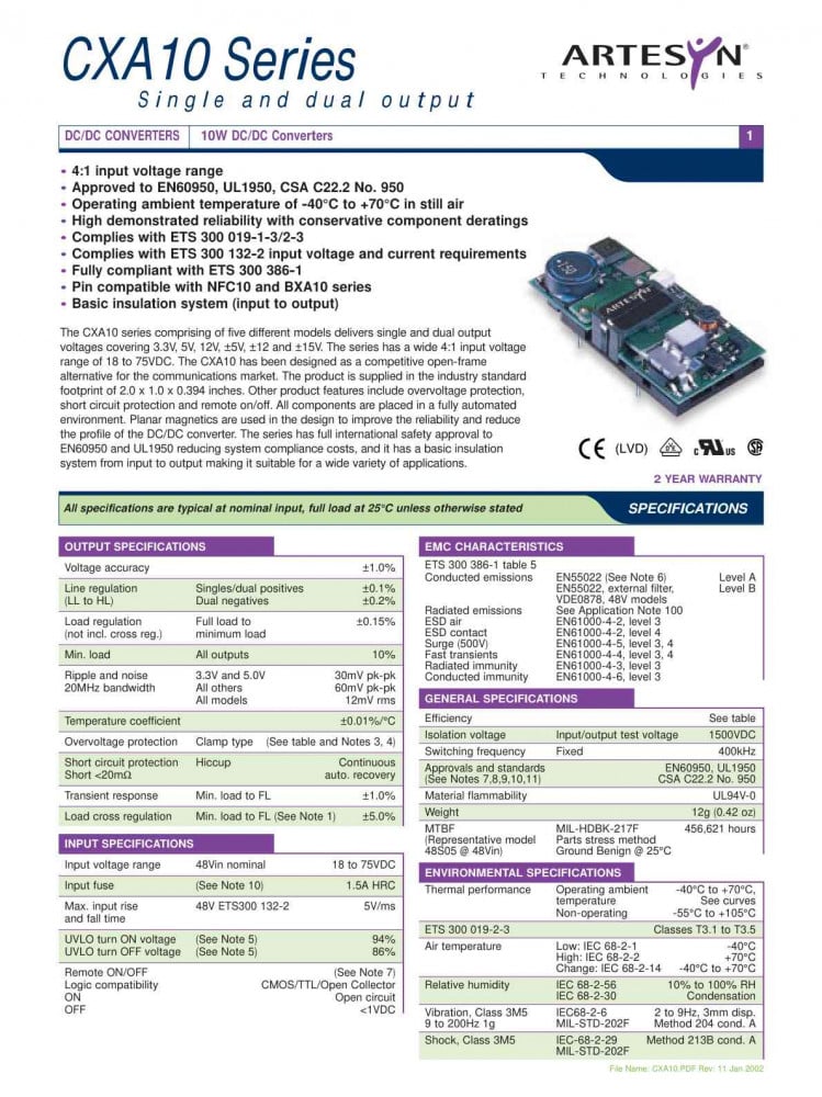 Artesyn CXA10 datasheet page 1