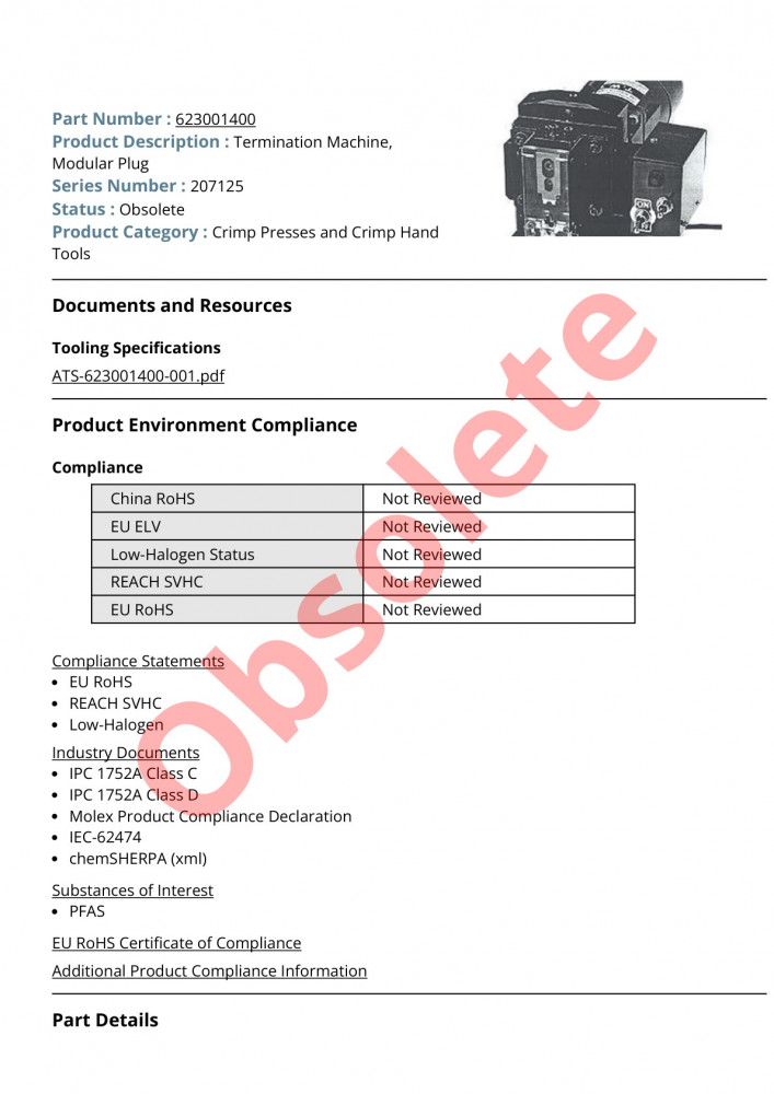 Tooling specification document page 1 for MOLEX 623001400