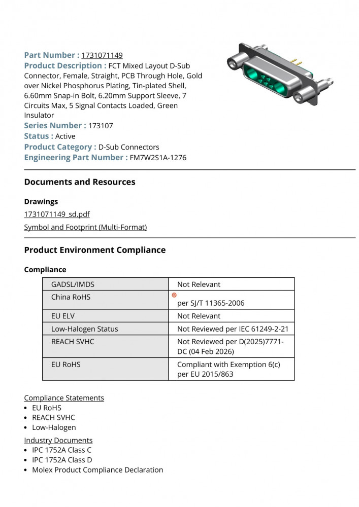 MOLEX 1731071149 product drawing, page 1