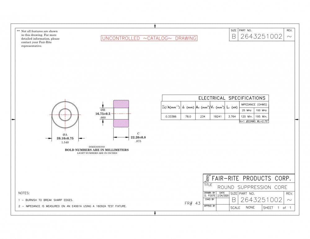 Fair-Rite 2643251002 technical document preview