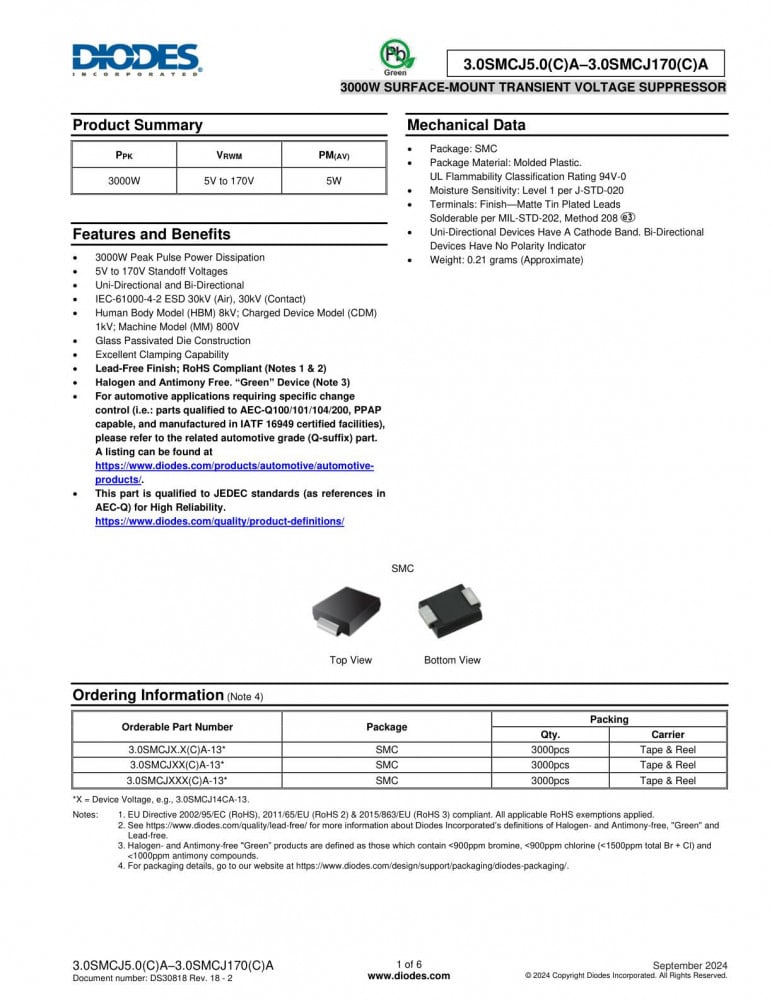 3.0SMCJ28A-13 datasheet page 1