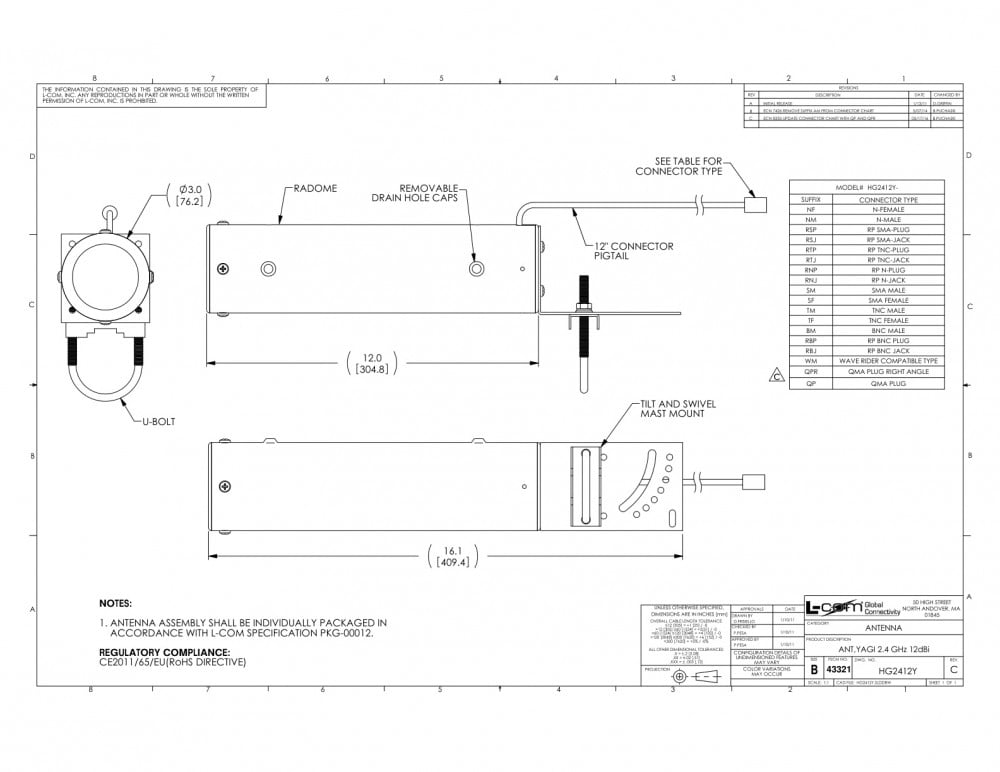 L-com HG2412Y connector configuration drawing