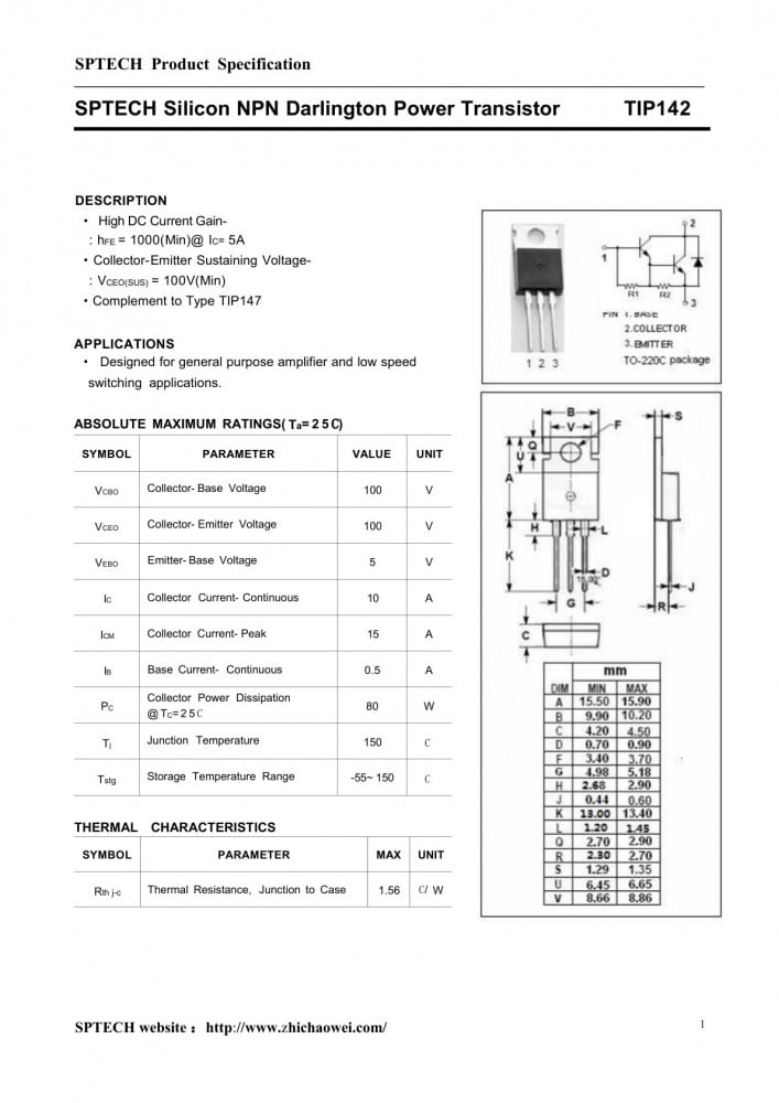 SPTECH TIP142 datasheet page 1