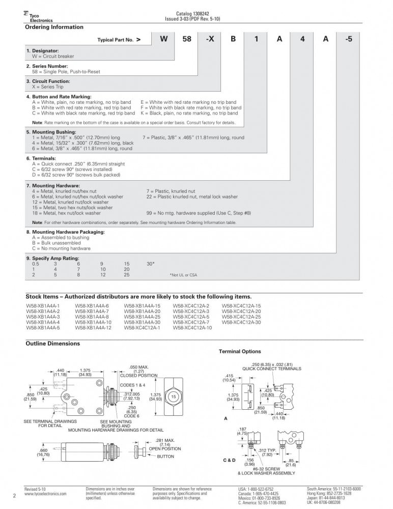 W58 Series ordering information and dimensions