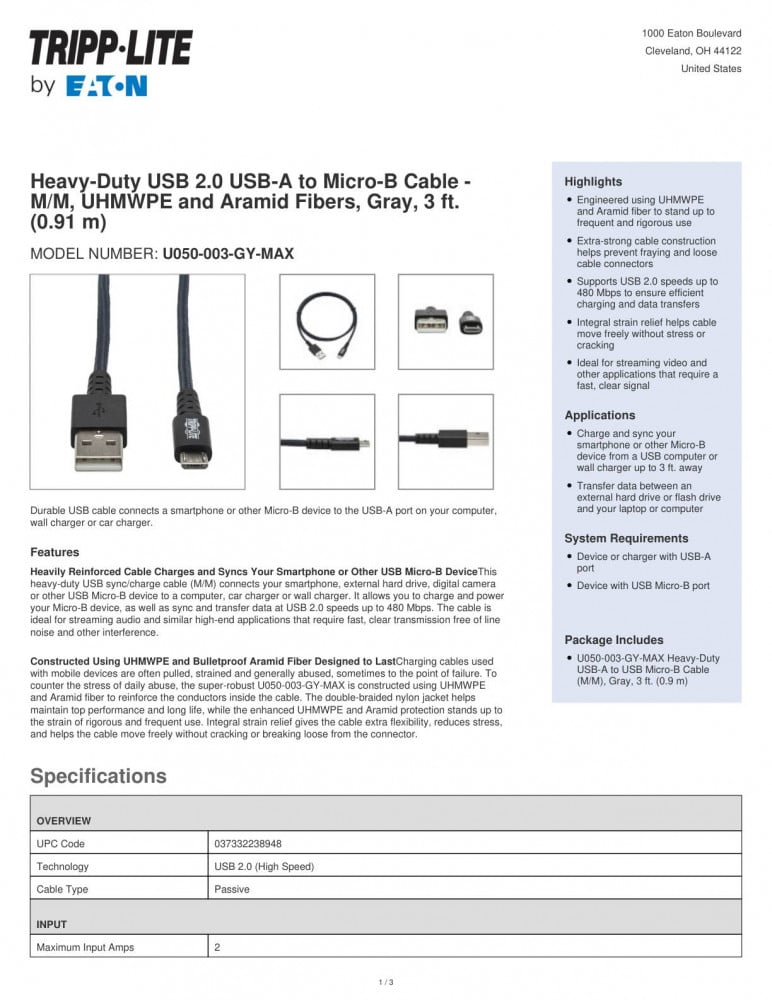 U050-003-GY-MAX technical document page 1