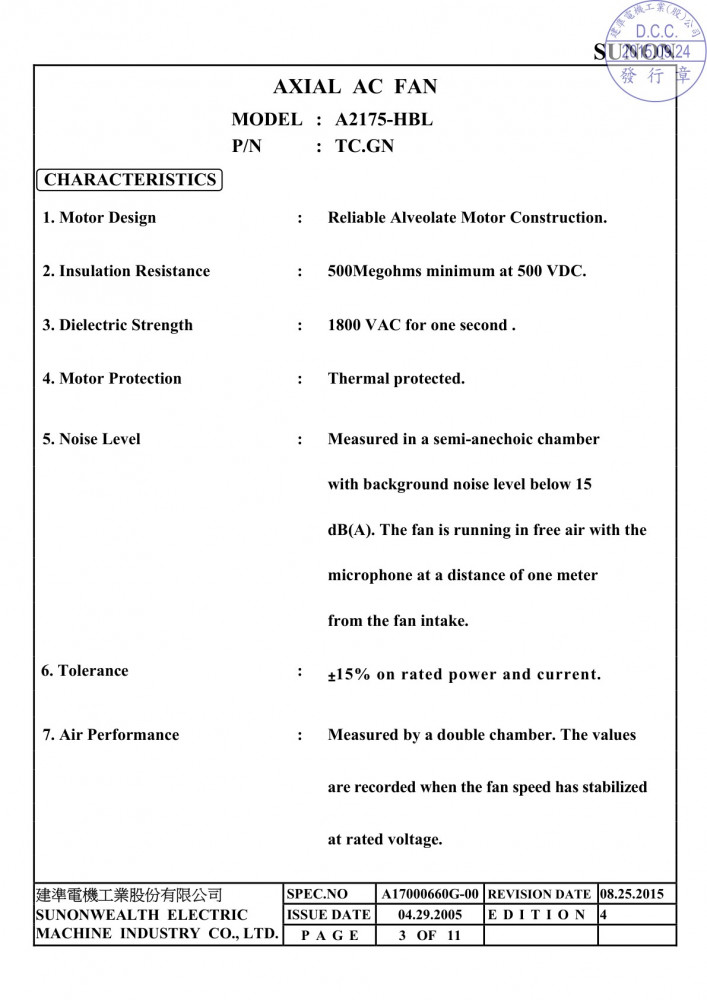 SUNON A2175-HBL specification page 3