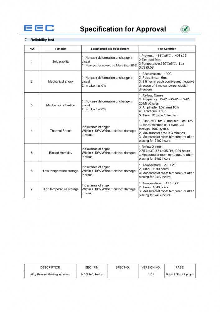 MA0530A reliability test specification