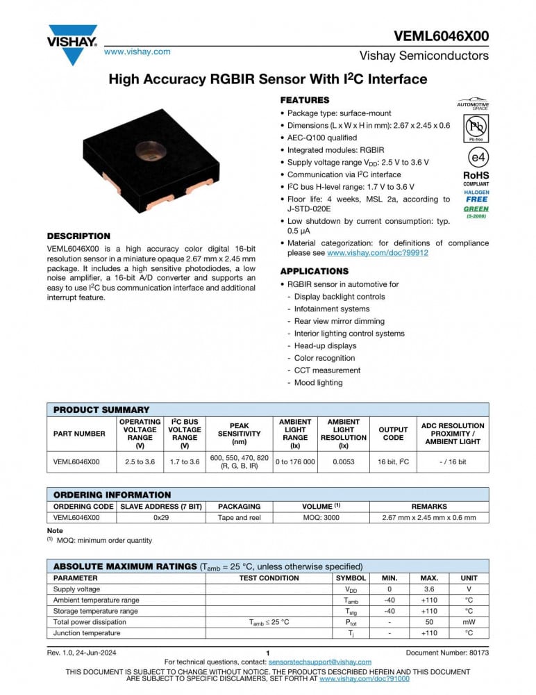 VEML6046X00 datasheet page 1