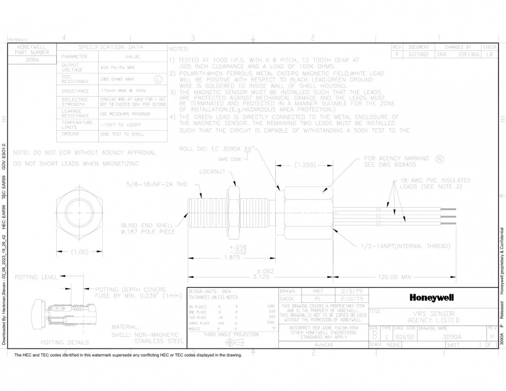 Honeywell 3090A technical drawing page