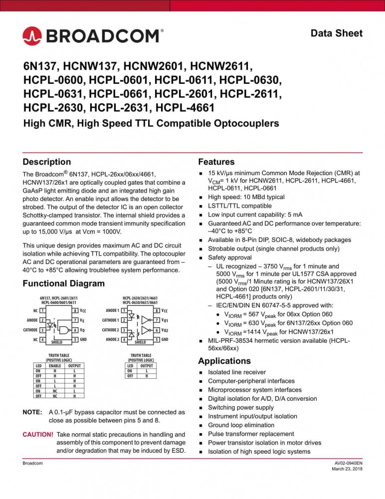 HCPL-0661 technical document page 1