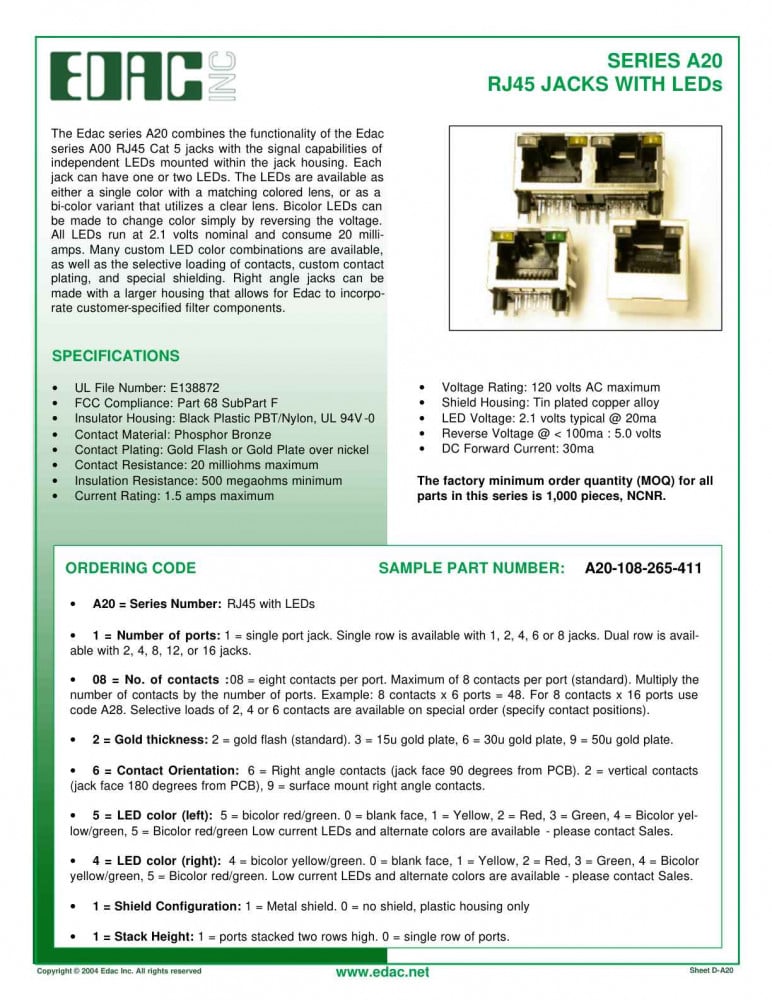 EDAC A20 series technical document preview