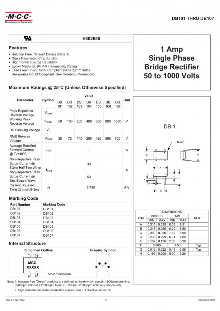 MCC DB102-BP datasheet page 1