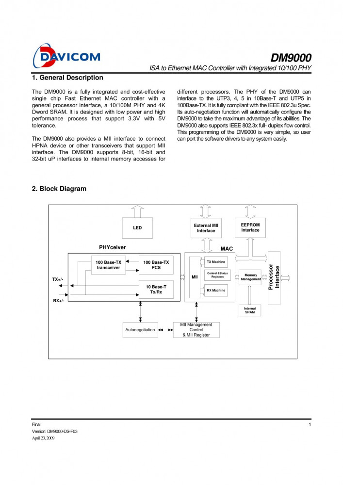 DM9000EP datasheet page 1