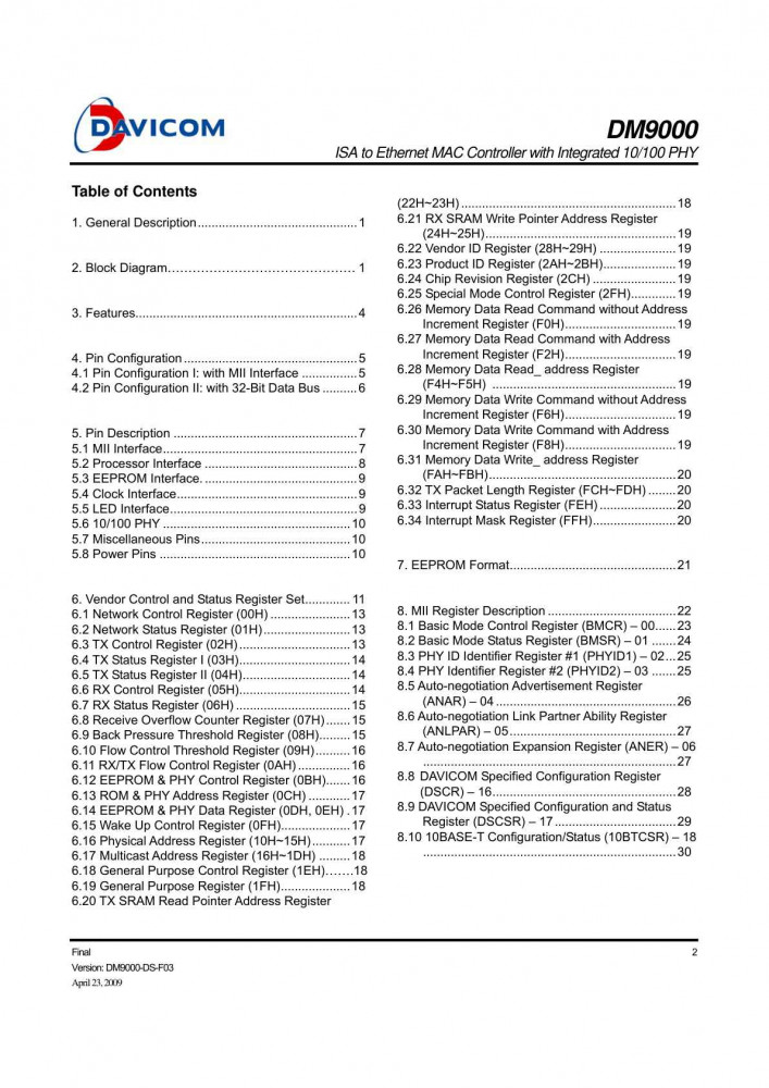 DM9000EP datasheet page 2