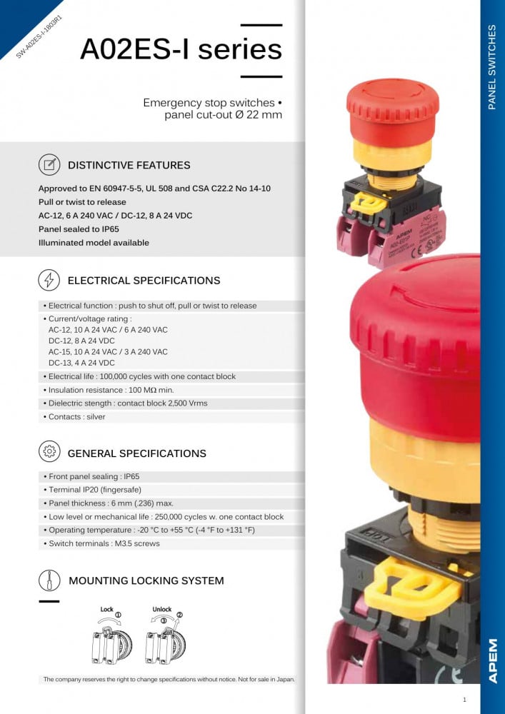 APEM A02ES-I technical document page 1