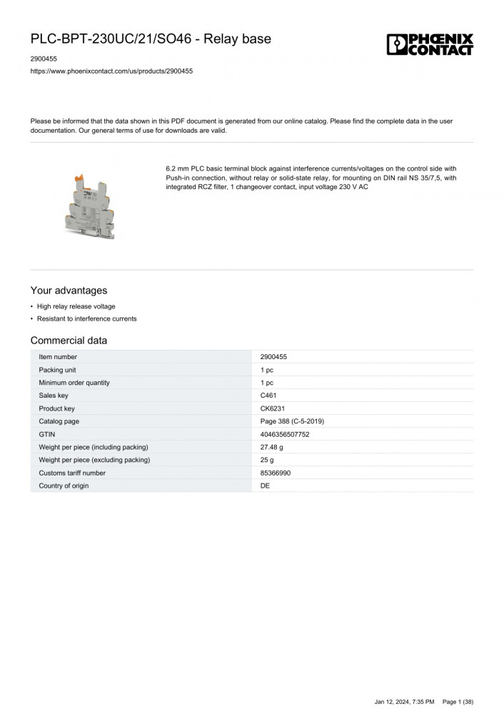 Phoenix Contact 2900455 datasheet page 1