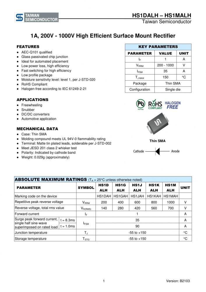 HS1DALH datasheet page 1