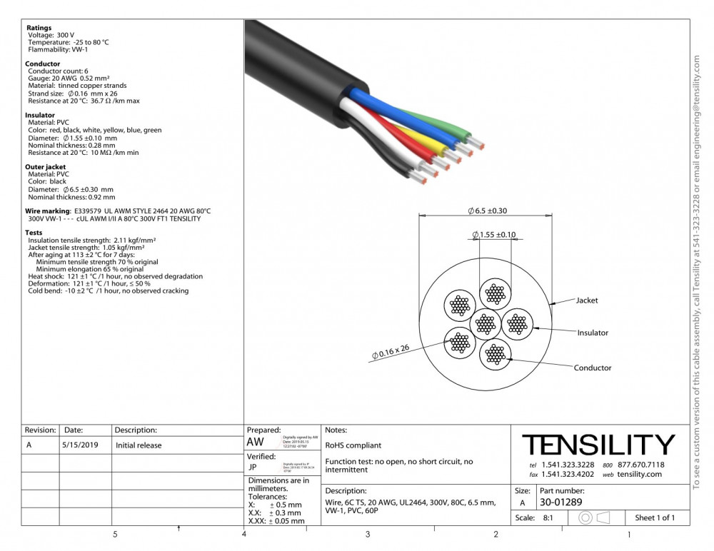Tensility International 30-01289 cable product drawing