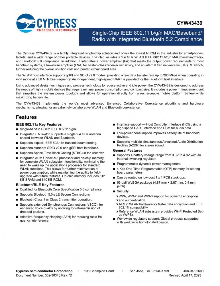 CYW43439 datasheet page 2