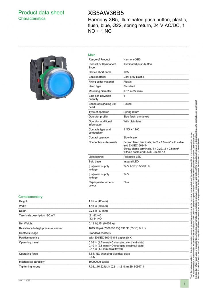 XB5AW36B5 technical document page 1