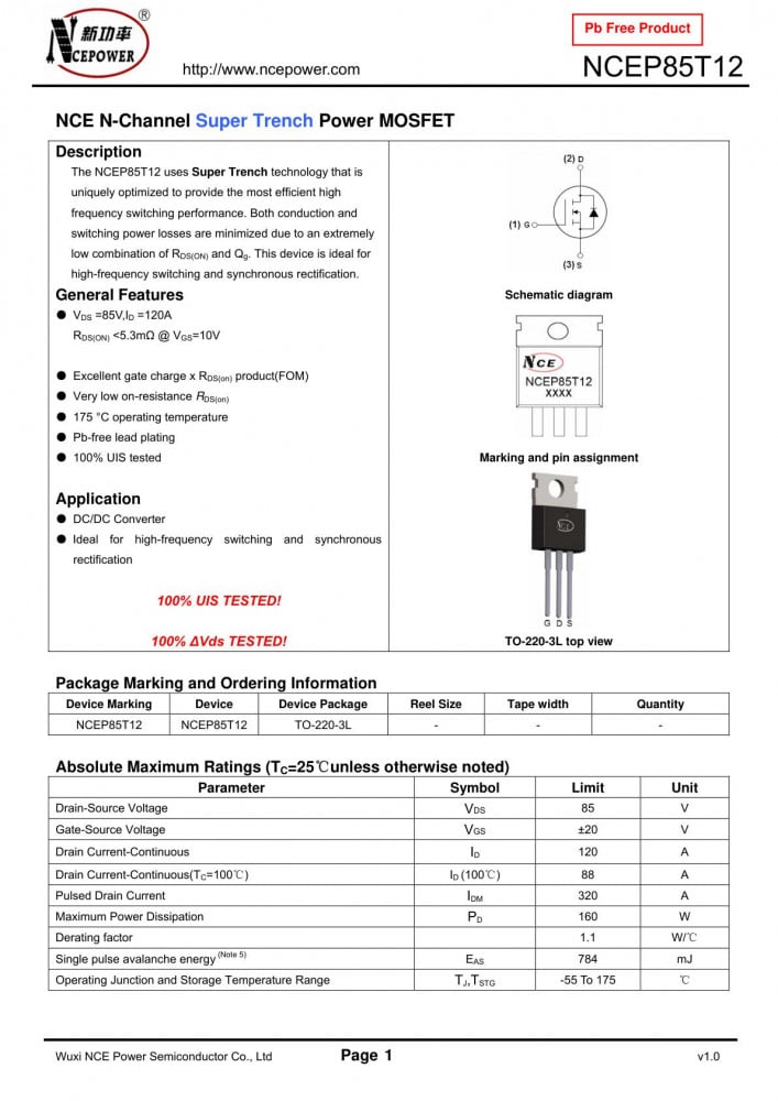 NCEP85T12 datasheet page 1