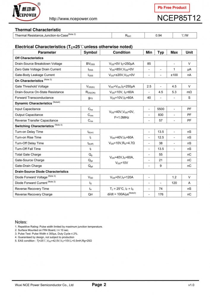 NCEP85T12 datasheet page 2